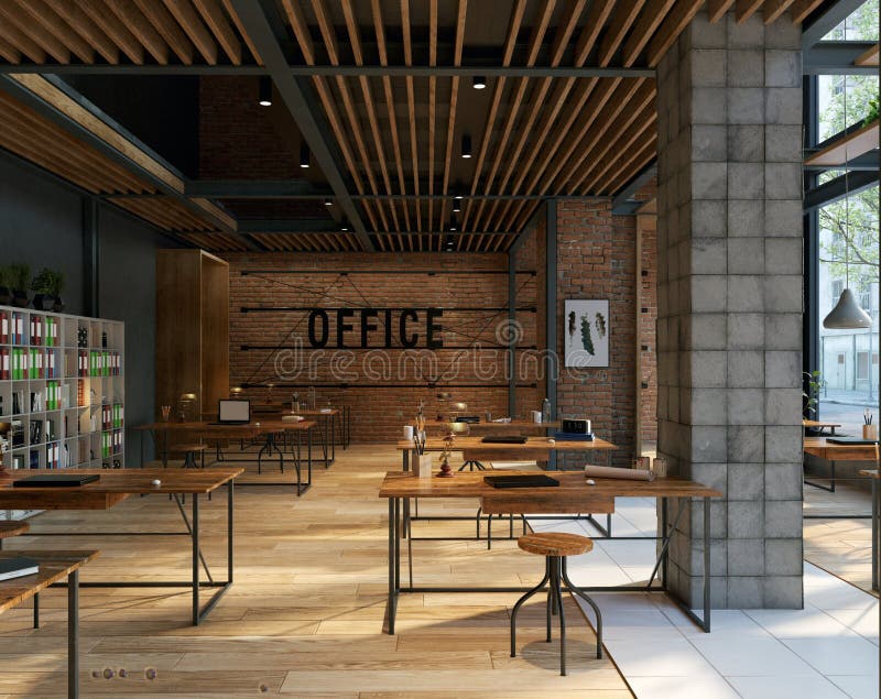 Open Office Space with Wooden Floors and Brick Walls Stock Illustration ...