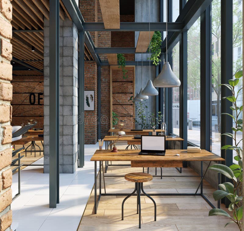 Open Office Space with Wooden Floors and Brick Walls Stock Illustration ...