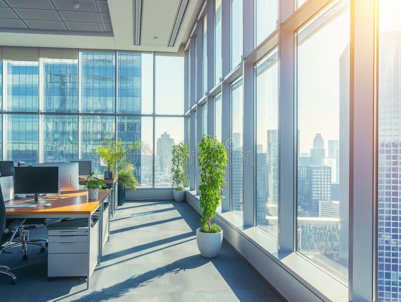 Open Office View with Desks and Computers and Downtown District on ...