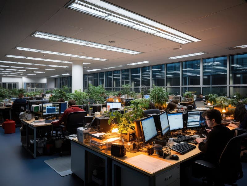 Open Office with Workers at Their Desks Stock Illustration ...