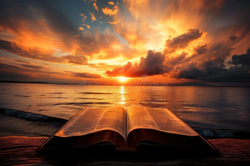 Open Old Book with a Dramatic Sunset in Backdrop Stock Photo - Image of ...