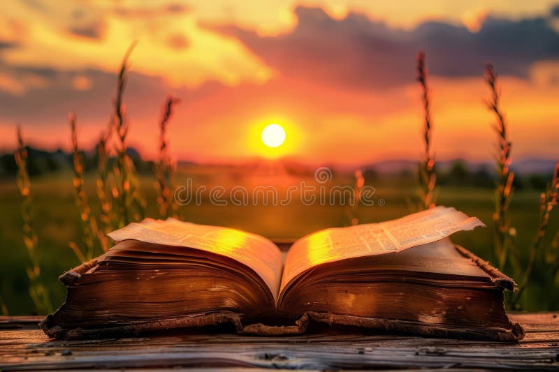 Open Old Book with a Dramatic Sunset in Backdrop Stock Photo - Image of ...