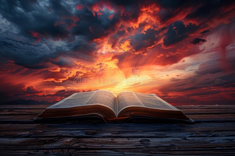 Open Old Book with a Dramatic Sunset in Backdrop Stock Image - Image of ...