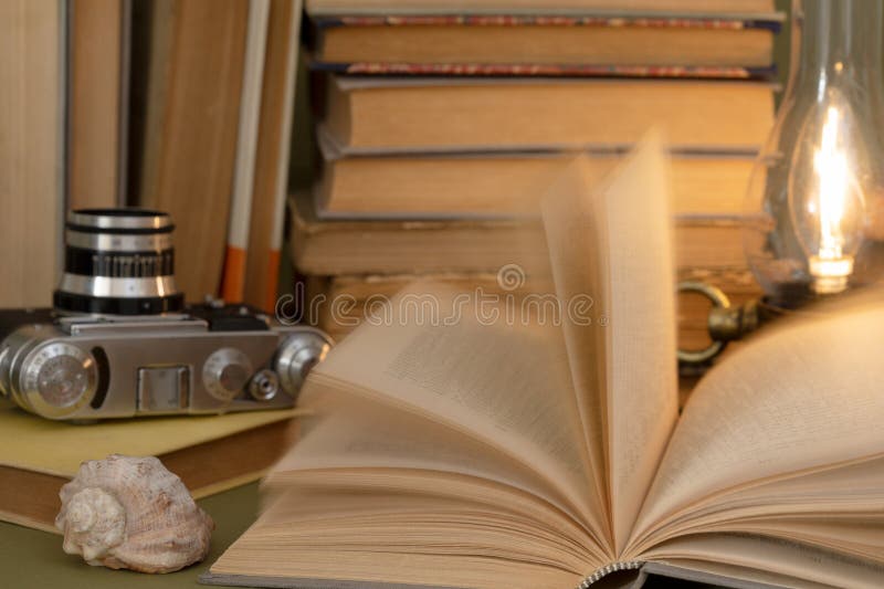 Old Books, an Analog Camera and a Stylized Lamp on an Olive Green ...