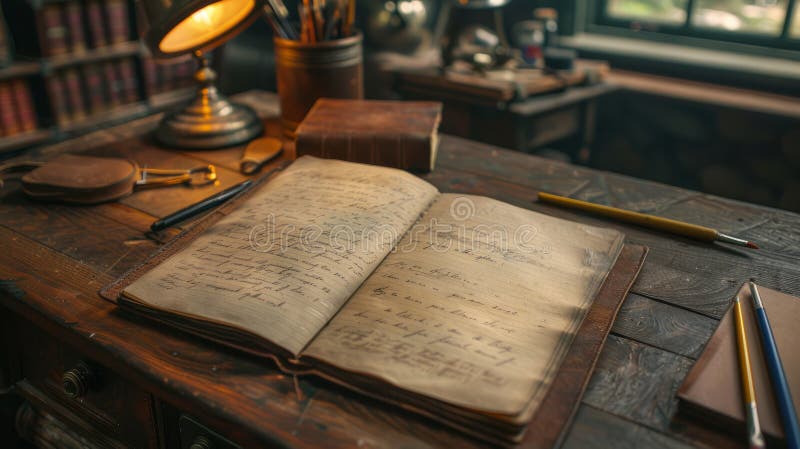 An Open Old Diary on a Desk Stock Photo - Image of journal, leather ...