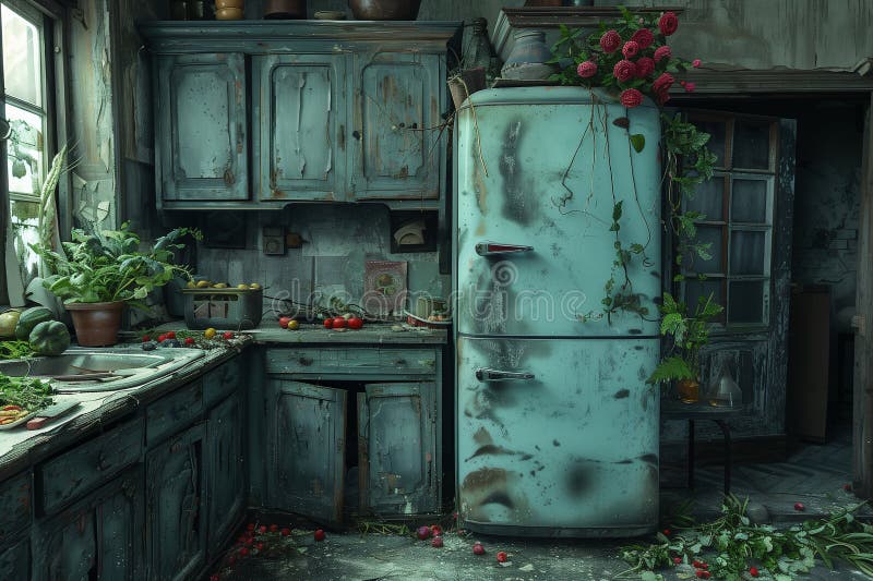 An Open, Old Fashioned Refrigerator Standing in a Dirty Kitchen ...