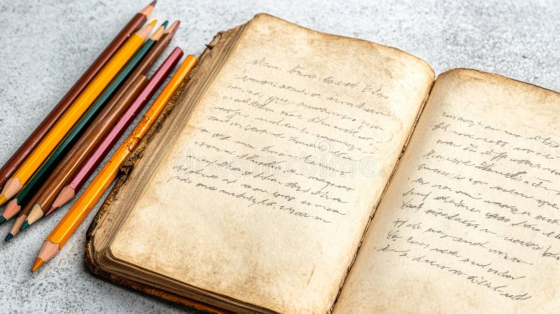 An Open Old Notebook with Text and Pencils Stock Photo - Image of ...