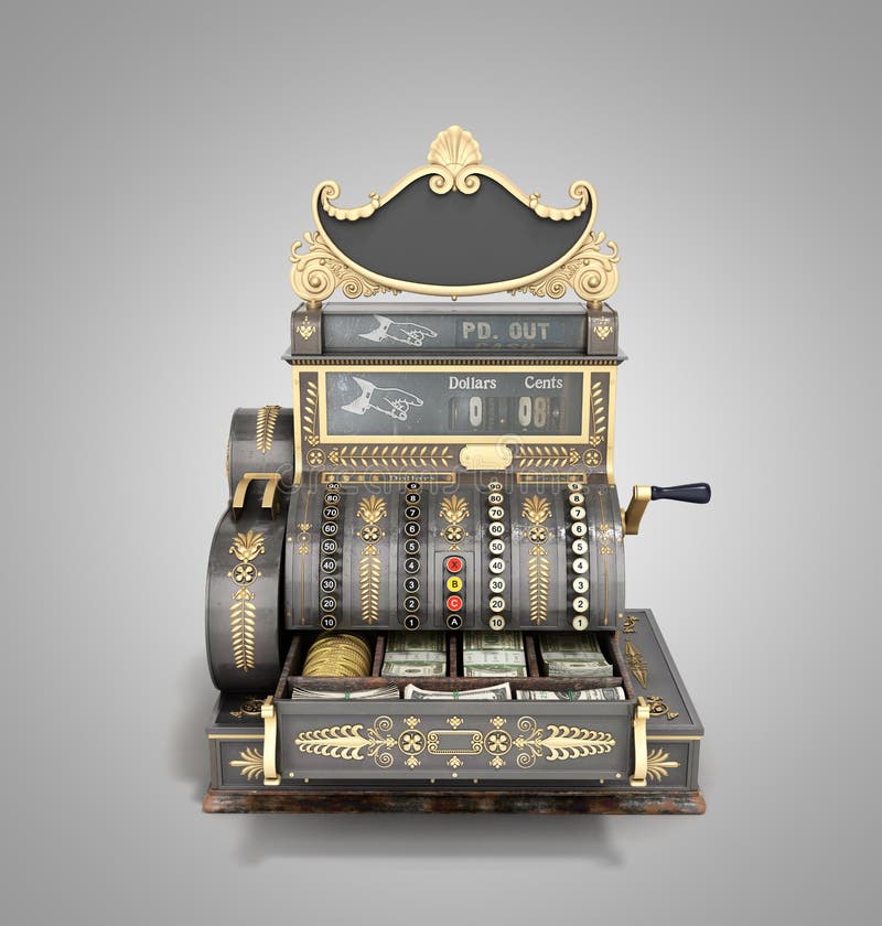 Open Old Vintage Cash Register 3d Render on Grey Background Stock ...