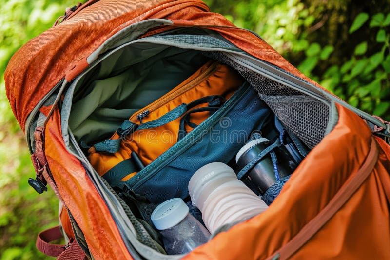 An Open Orange Backpack with Various Items Inside Stock Illustration ...