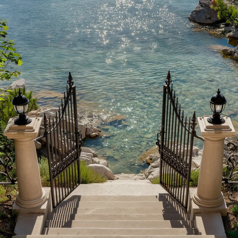 Open Ornate Gates Leading Down Stone Steps To Clear Water Stock ...