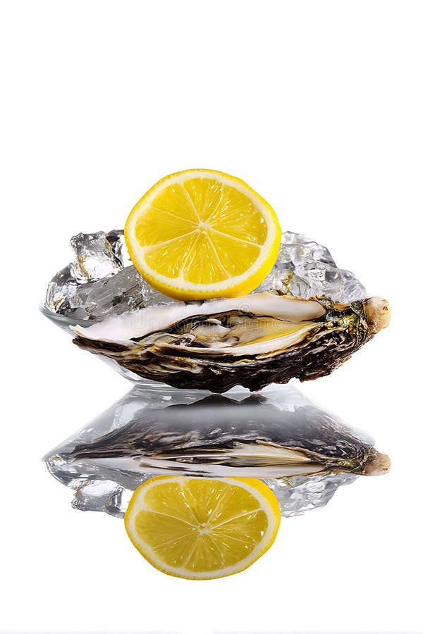 An Open Oyster Shell on a Glossy, Reflective Surface, Surrounded by Ice ...
