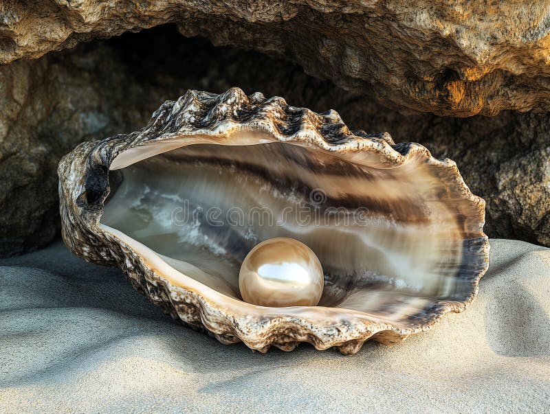 Open Oyster Shell with Pearl Inside Rests on Sandy Ground, Showcasing ...