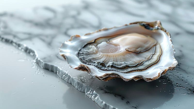 Open Oyster Shell with Water Droplets on a Marble Surface Stock ...