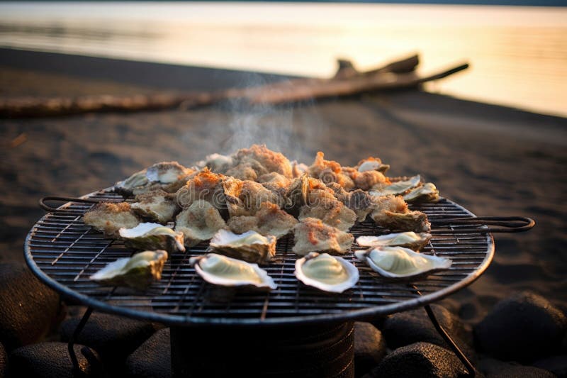 Open Oyster Shells on a Grill at a Beach Picnic Stock Illustration ...