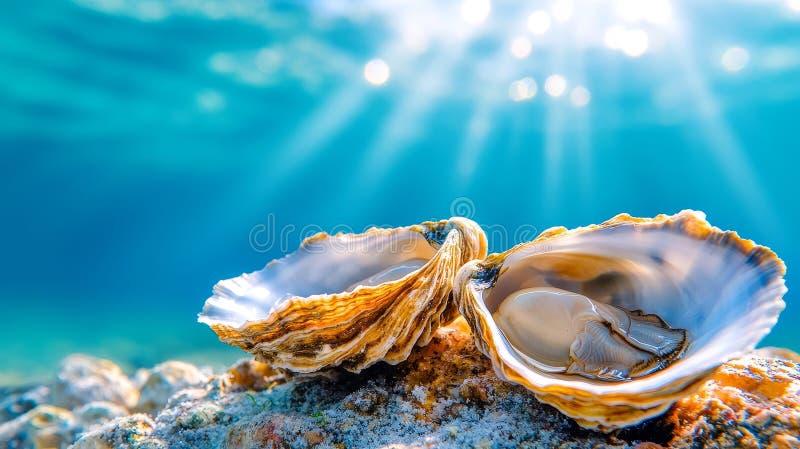 Open Oyster Shells Underwater in Sunlight with Marine Life Stock Photo ...