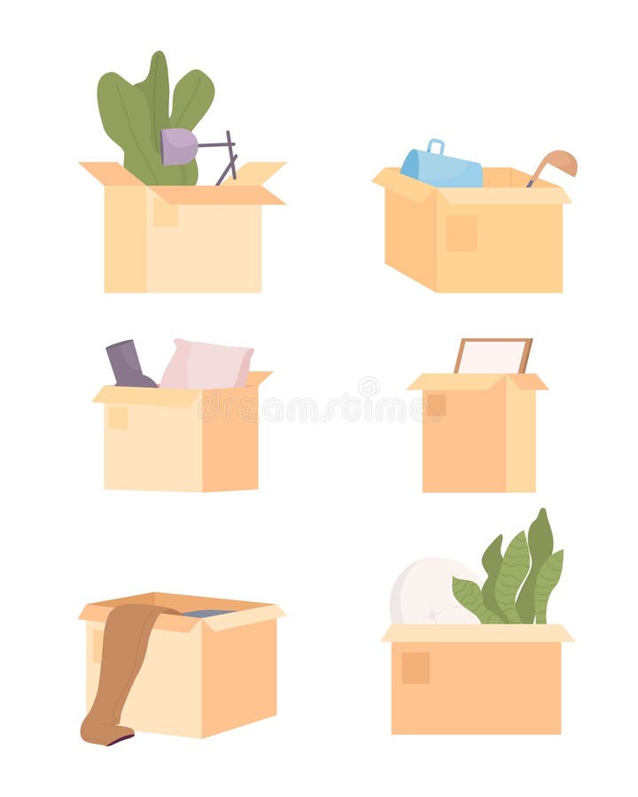 Open Packing Boxes with Belongings Semi Flat Color Vector Objects ...