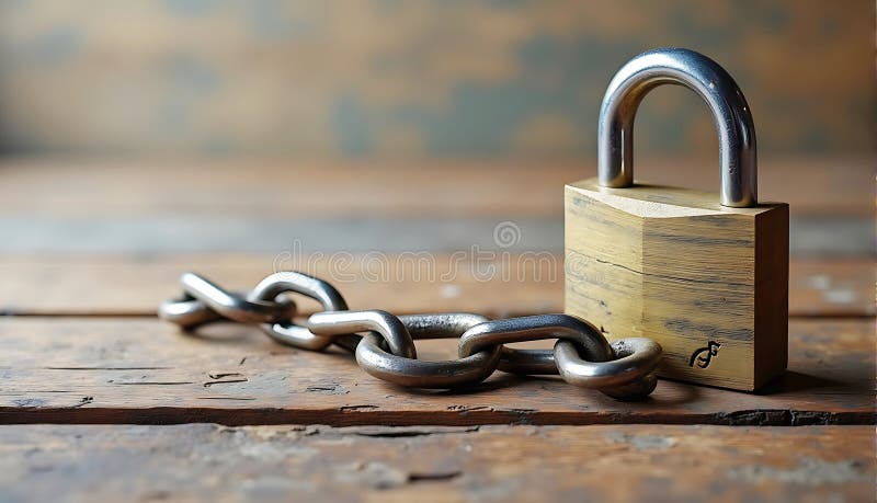 An Open Padlock with Broken Chain Links beside it on a Rustic Wooden ...