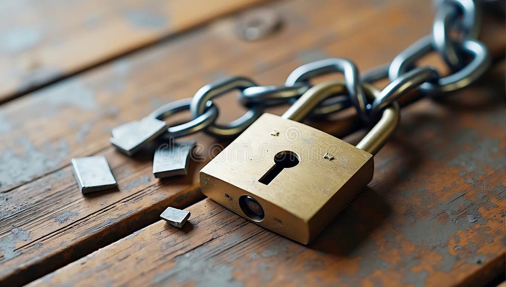 An Open Padlock with Broken Chain Links beside it on a Rustic Wooden ...
