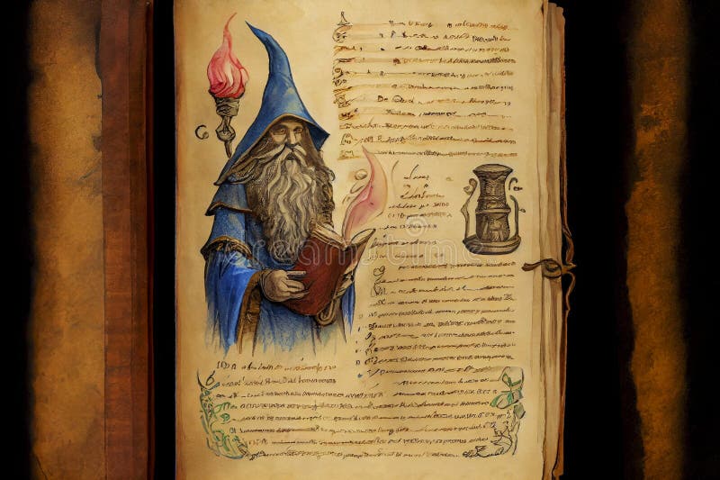 An Open Page with Magic Drawing and Text in Wizard Book, Ai ...