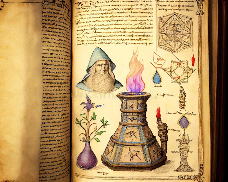 An Open Page with Magic Drawing and Text in Wizard Book, Ai ...