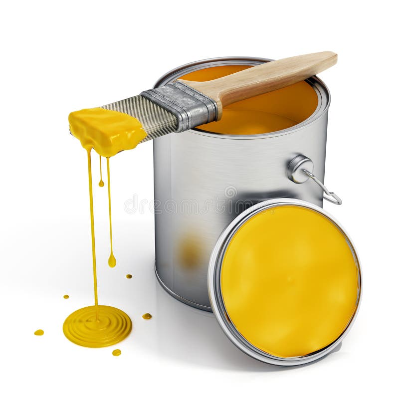 Open Paint Can and Brush with Dripping Yellow Paint Isolated on White ...