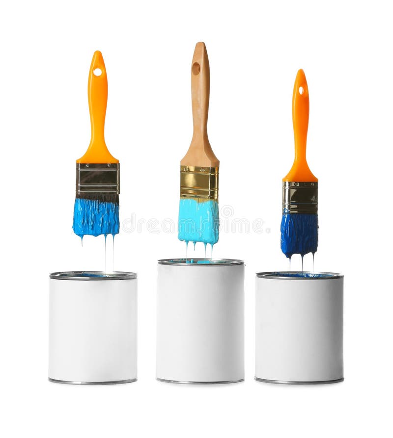 Open Paint Cans and Brushes on White Stock Photo - Image of open ...