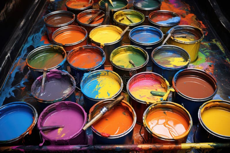 Open Paint Cans with Colorful Lids Stock Illustration - Illustration of ...