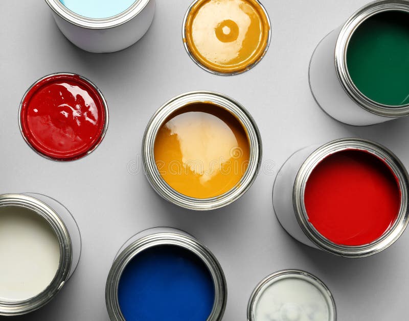 Open Paint Cans on Grey, Top View Stock Photo - Image of paint, color ...