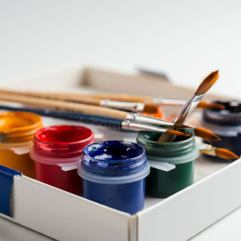 Open Paint Pots in Red, Blue, Yellow, and Green Sit in a Rectangular ...