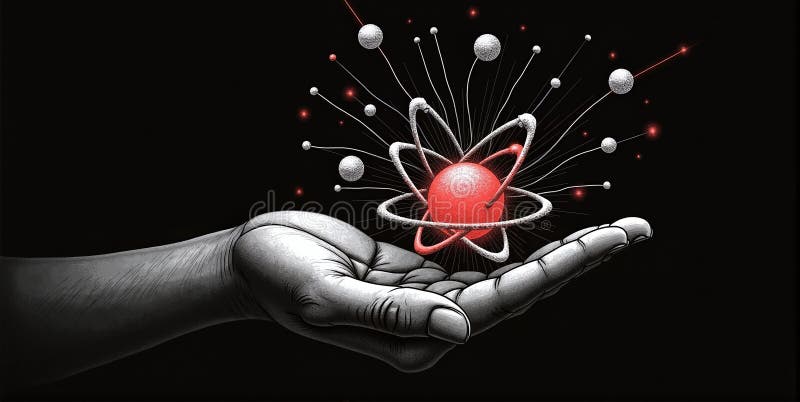 An Open Palm Extends, Fingers Slightly Curled. Above it, Luminous Atoms ...