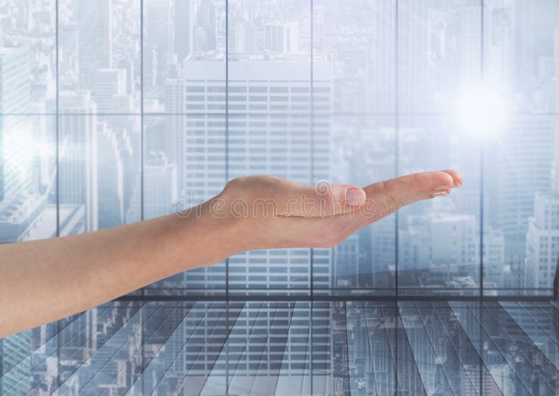 Open Palm Hand in Front of City Stock Photo - Image of lights, light ...