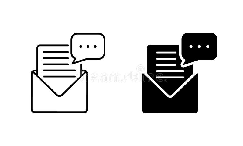 Open Paper Letter in Envelope Silhouette and Line Icon Set. Post ...