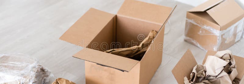 Open Parcel Box on Floor Near Open Door Stock Image - Image of ...