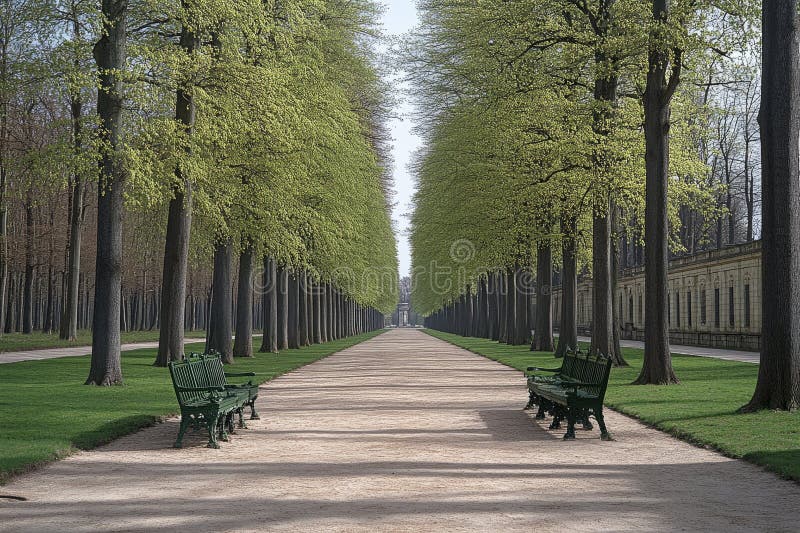 Serene Springtime Alleyway with Benches and Lush Green Trees Stock ...