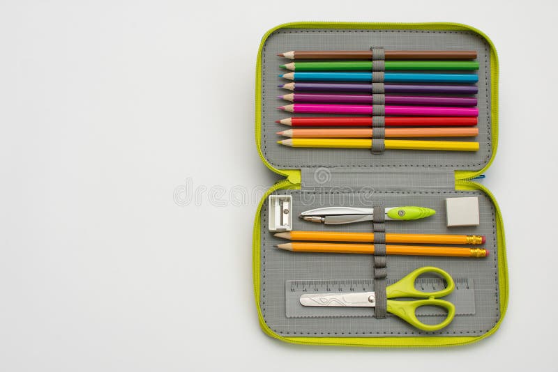 Open Pencil Case on White Background Stock Photo - Image of technology ...