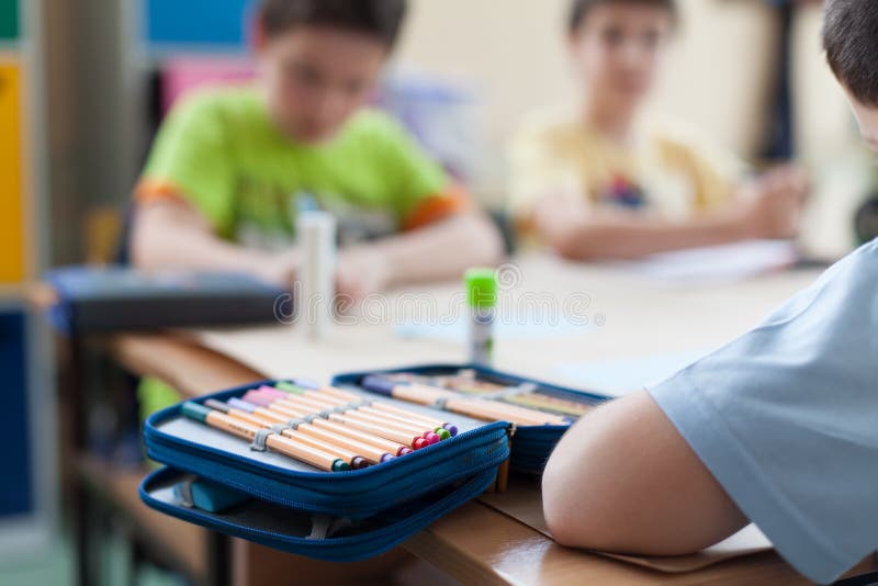 Open Pencil Box on Wooden Classroom Stock Photo - Image of case ...