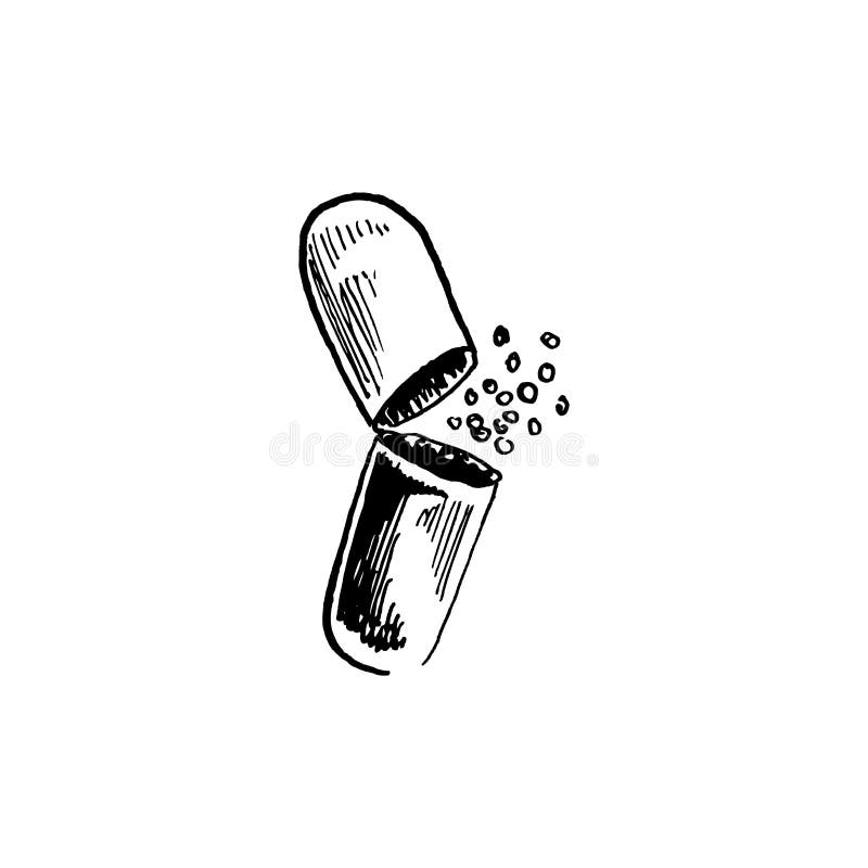 Open Pharmaceutical Pill. Single Isolated Ink Hand Drawn Sketch. Vector ...
