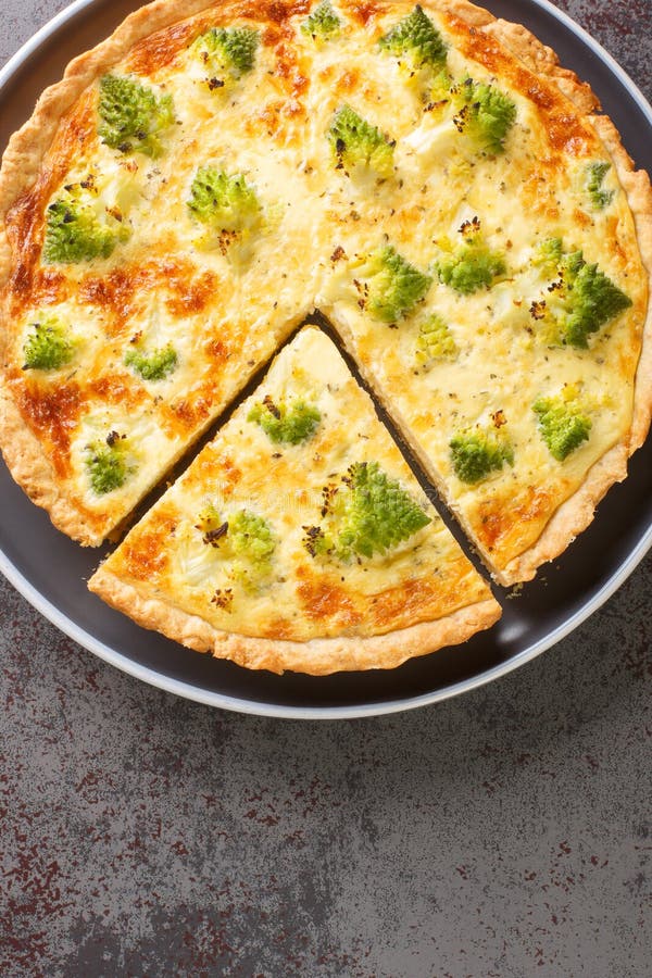 Open Pie with Fresh Romanesco Broccoli, Eggs and Cheese Close-up in a ...