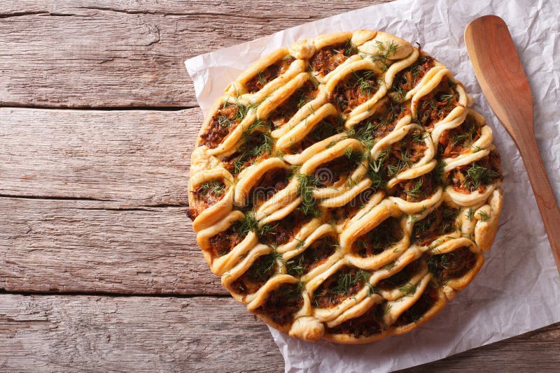 Open Pie with Ground Meat and Vegetables. Horizontal Top View Stock ...