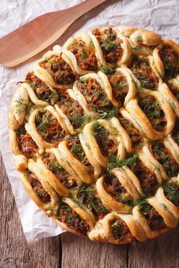 Open Pie with Ground Meat and Vegetables Macro. Vertical Top Vie Stock ...