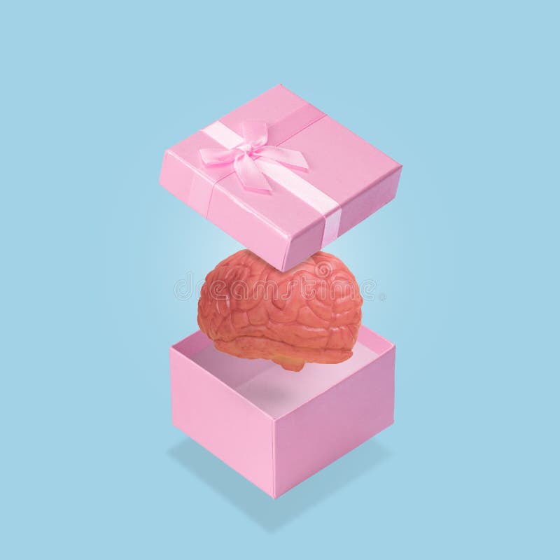 Open Pink Gift Box with a Human Brain. Funny and Creative Minimal Idea ...