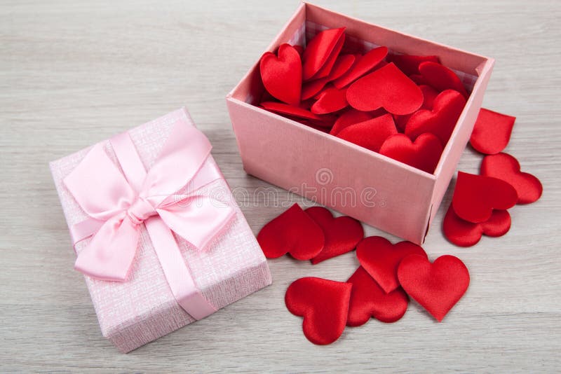 Open Pink Gift Box with Textile Heart Shapes Stock Image - Image of ...