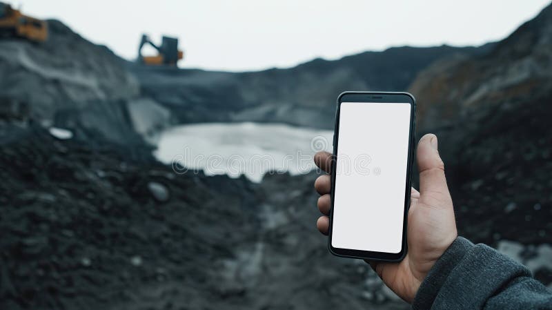 Hand Holding Smartphone with Blank White Screen. Background Coal Mining ...
