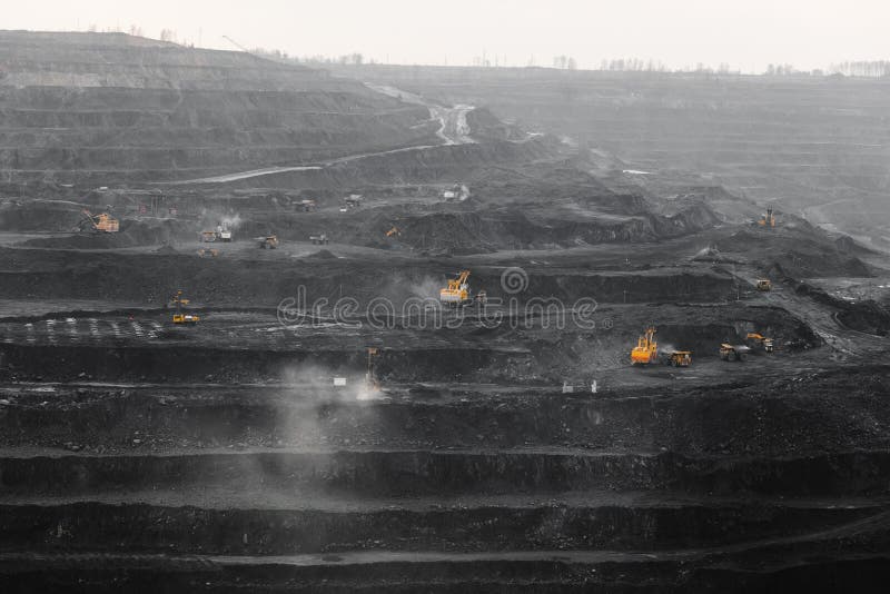 Open Pit Mine, Coal Loading in Trucks, Transportation and Logistics ...