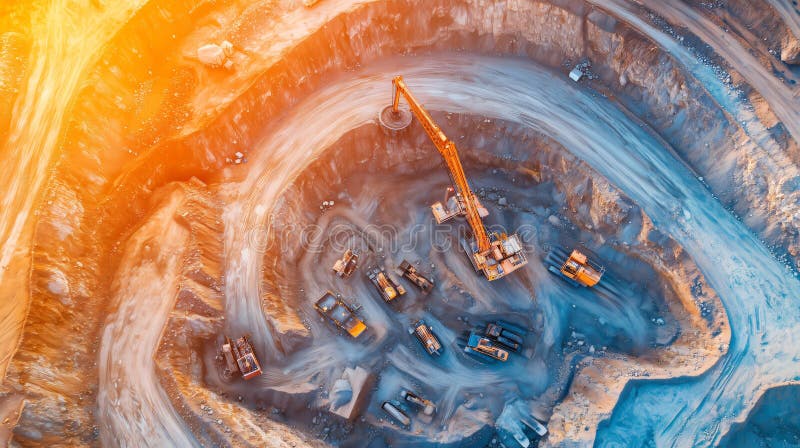 Open Pit Mine with Excavators Working at Sunset, Aerial View Stock ...