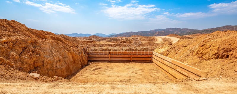 Open Pit Mine Features Dusty Roads and Excavators Working on Colorful ...