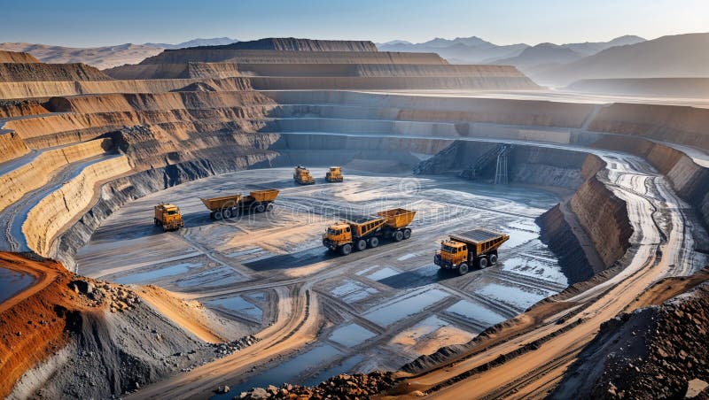 Open-Pit Mine with Heavy Dump Trucks Transporting Rare Earth Minerals Stock Illustration ...