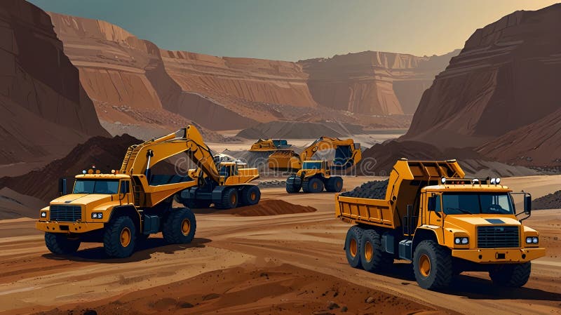 An Open-pit Mine with Large Trucks and Excavators Stock Illustration ...
