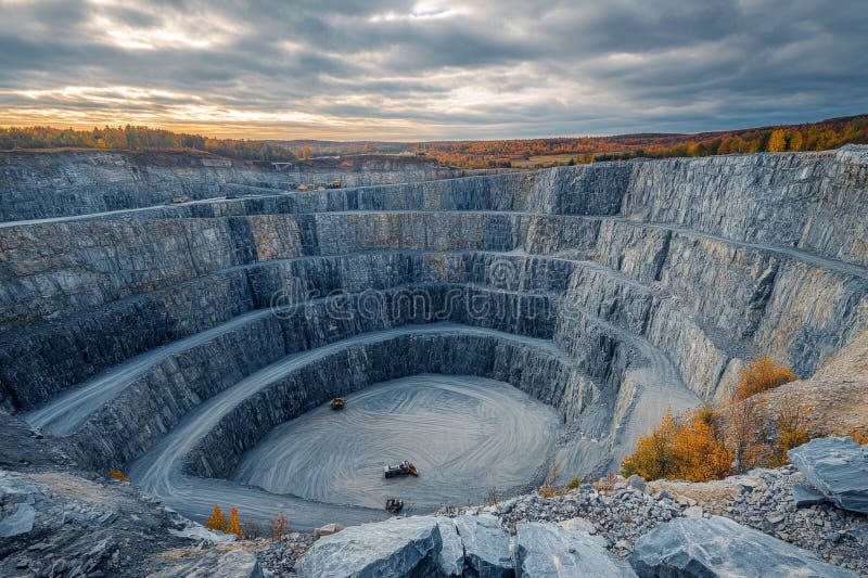 Open Pit Mine Showing Its Concentric Rings at Sunset with Mining Trucks ...