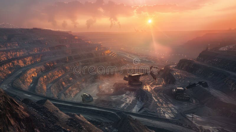 Open-pit Mine at Sunset with Heavy Machinery at Work and the Layered ...